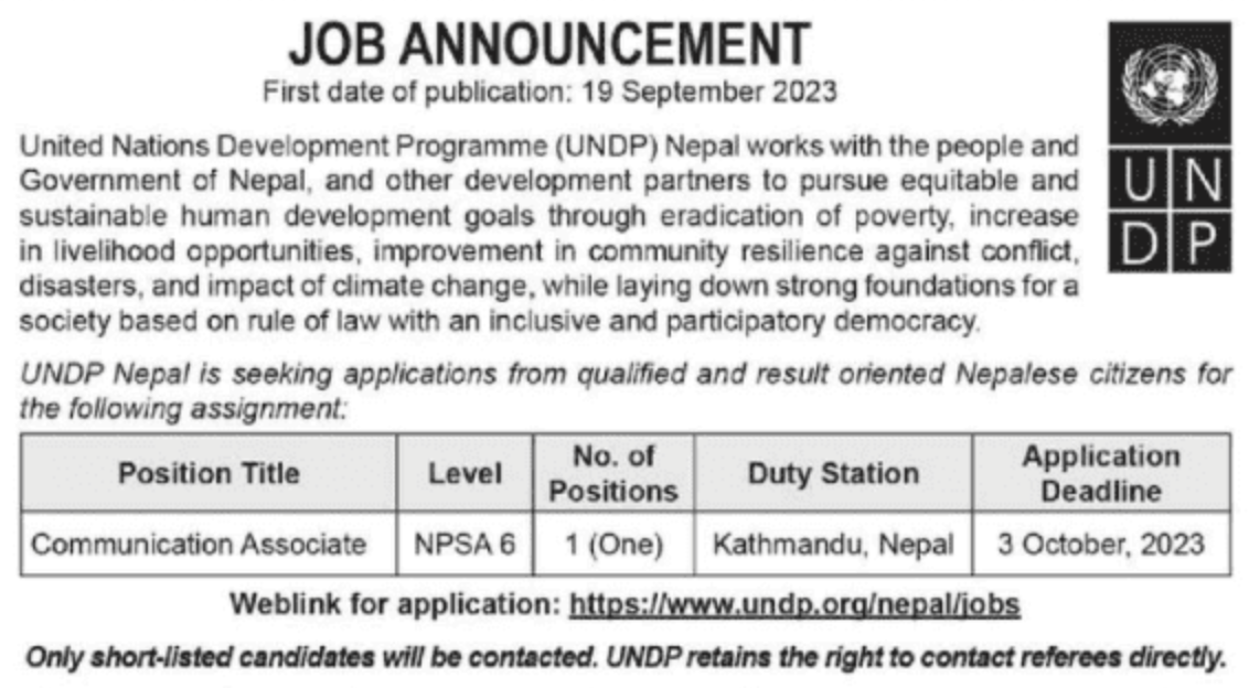 UNDP Nepal Vacancy 2023 for Communication Associate - JOBS NOTICES