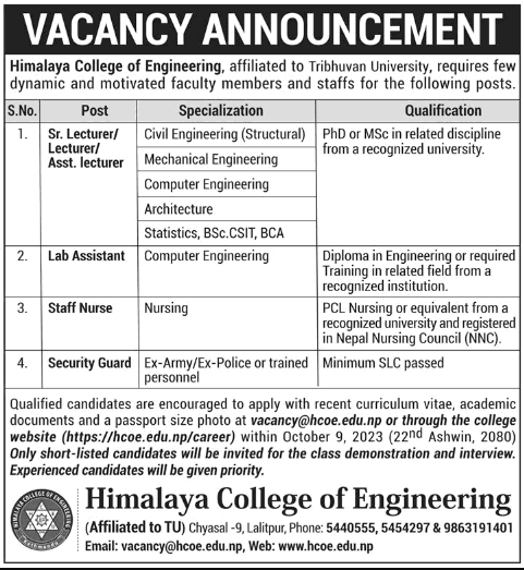 Himalaya College of Engineering New Vacancies 2023