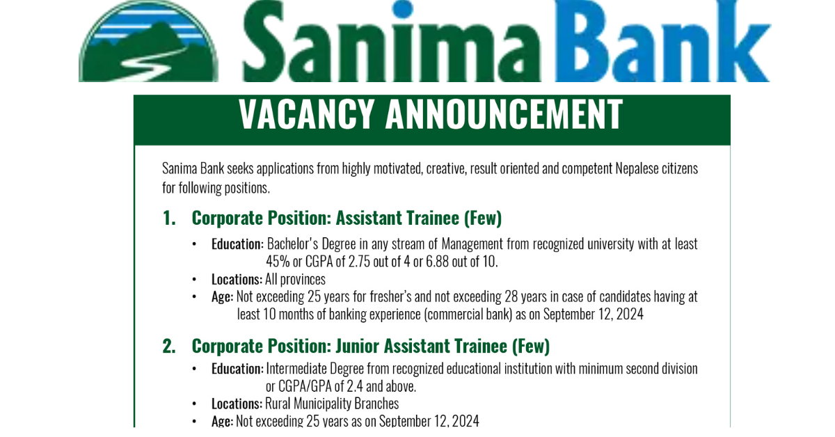 Sanima Bank Job Vacancy 2081 for Junior Assistant Trainee, Assistant ...